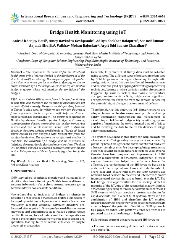 Pdf Irjet Bridge Health Monitoring Using Iot