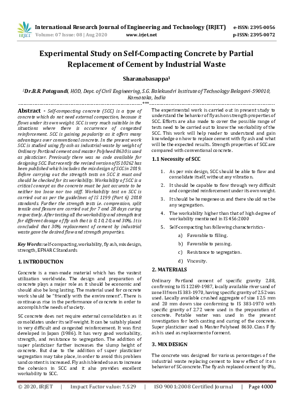 (PDF) IRJET - Experimental Study on Self-Compacting Concrete by Partial ...