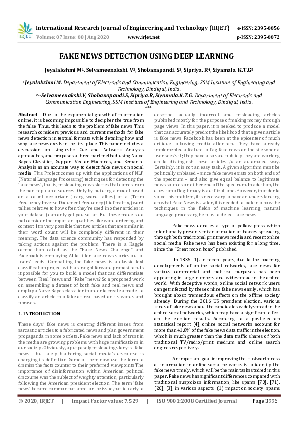 (PDF) IRJET- FAKE NEWS DETECTION USING DEEP LEARNING
