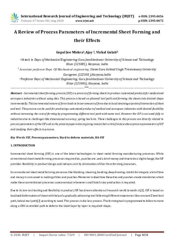 (PDF) A Review of Process Parameters of Incremental Sheet Forming and their Effects | IRJET ...