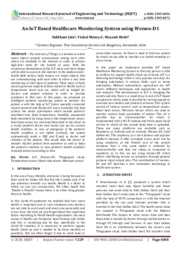 (PDF) IRJET- An IoT Based Healthcare Monitoring System using Wemos-D1