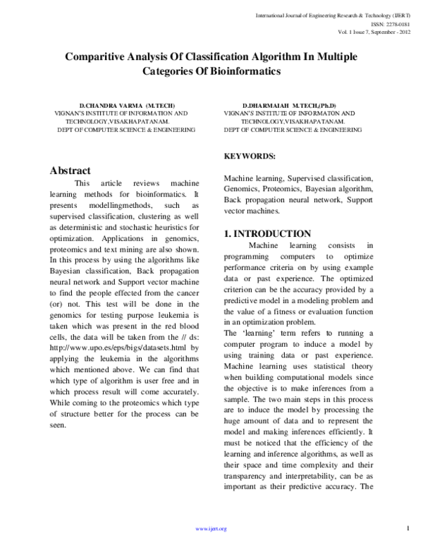 Pdf Ijert Comparitive Analysis Of Classification Algorithm In Multiple Categories Of