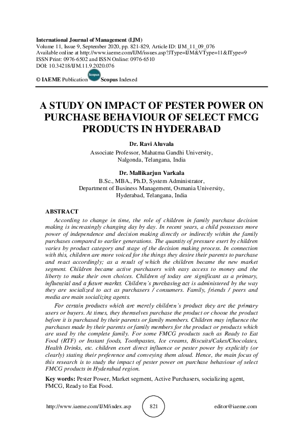 (PDF) A STUDY ON IMPACT OF PESTER POWER ON PURCHASE BEHAVIOUR OF SELECT ...