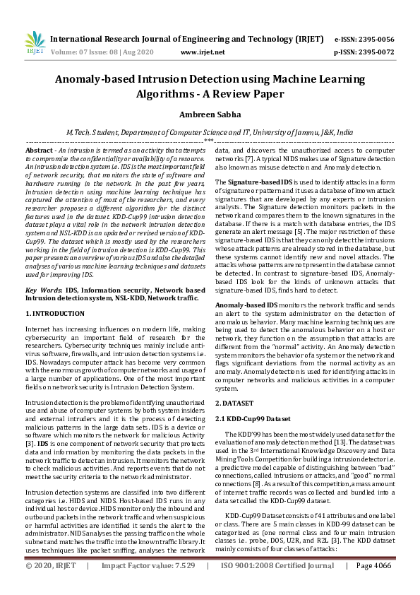 (PDF) IRJET- Anomaly-based Intrusion Detection using Machine Learning Algorithms -A Review Paper