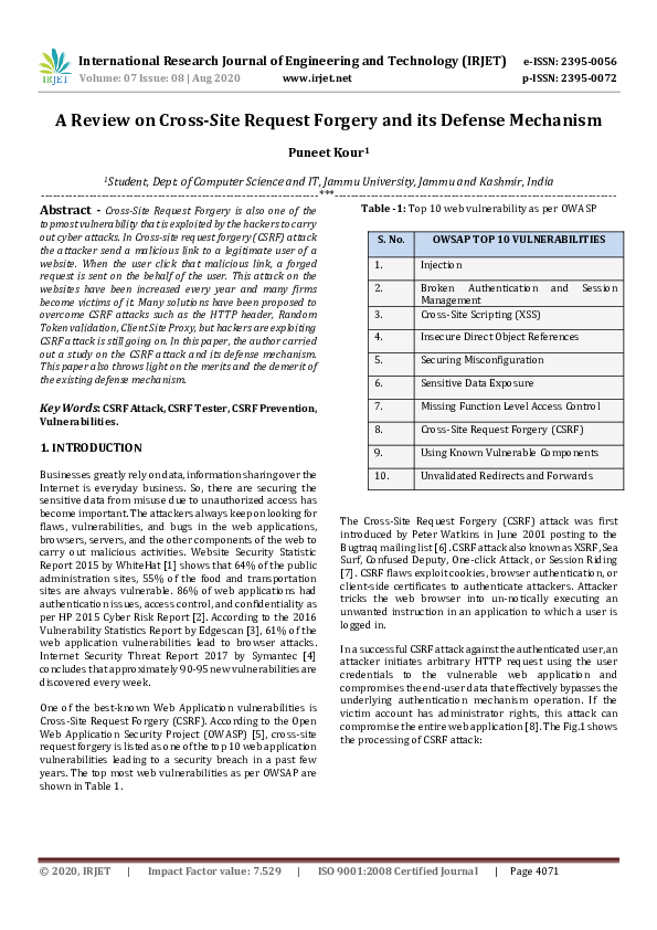 (PDF) IRJET- A Review on Cross-Site Request Forgery and its Defense ...