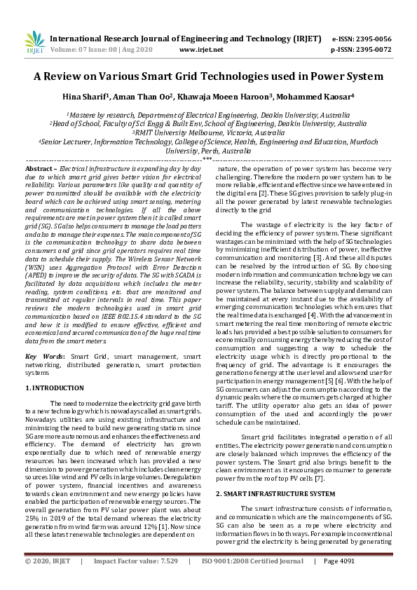 (PDF) IRJET- A Review on Various Smart Grid Technologies Used in Power ...