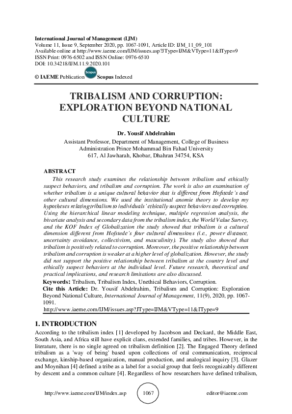 (PDF) TRIBALISM AND CORRUPTION: EXPLORATION BEYOND NATIONAL CULTURE
