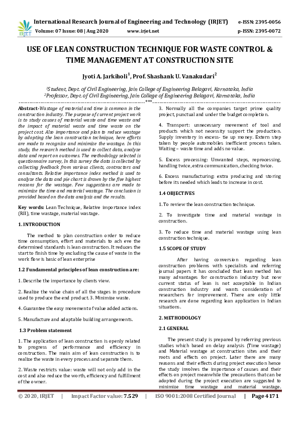 Pdf Irjet Use Of Lean Construction Technique For Waste Control