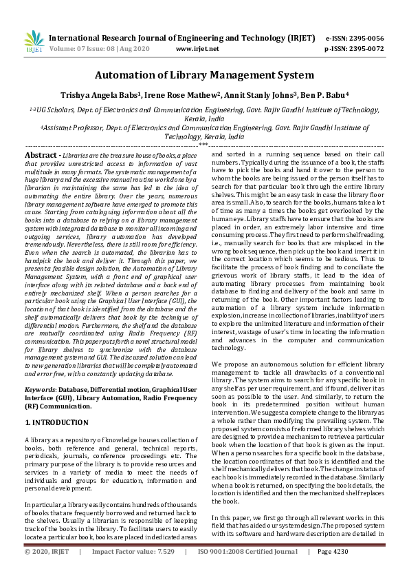 (PDF) IRJET- Automation of Library Management System