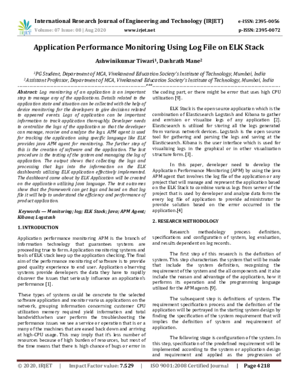Pdf Irjet Application Performance Monitoring Using Log File On Elk Stack 0298