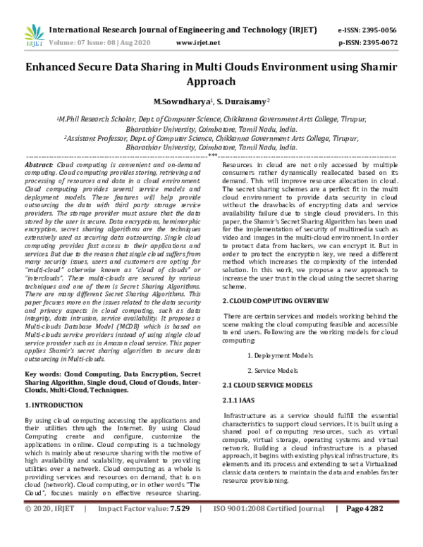 (PDF) IRJET- Enhanced Secure Data Sharing in Multi Clouds Environment using Shamir Approach
