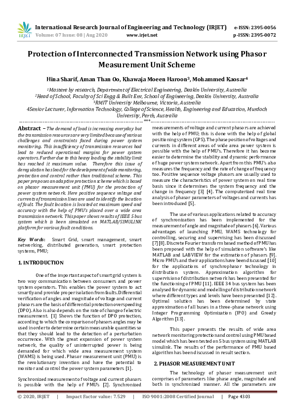 (PDF) IRJET- Protection of Interconnected Transmission Network using Phasor Measurement Unit ...