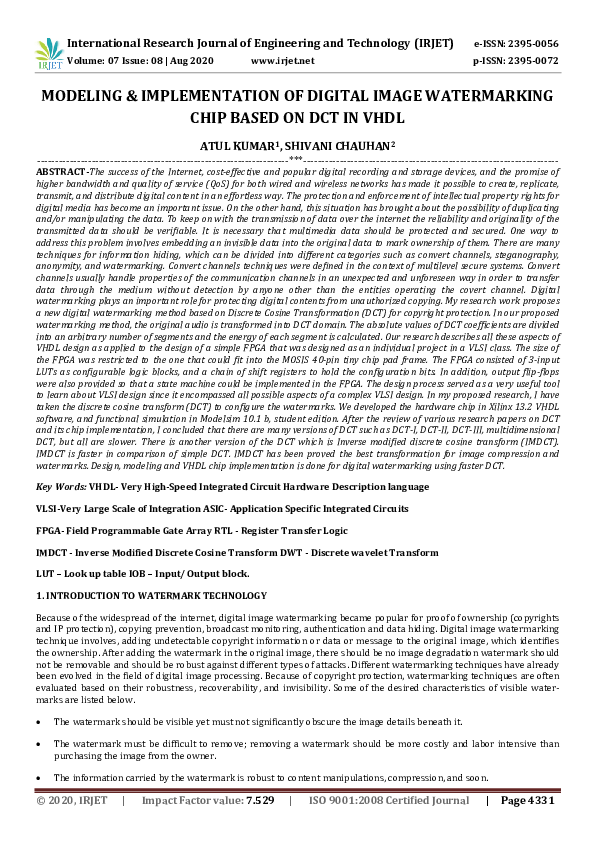 (PDF) IRJET-Modeling & Implementation of Digital Image Watermarking Chip based on DCT in Vhdl