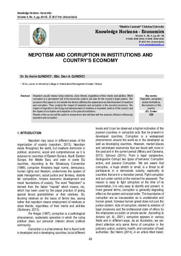 (PDF) NEPOTISM AND CORRUPTION IN INSTITUTIONS AND COUNTRY'S ECONOMY