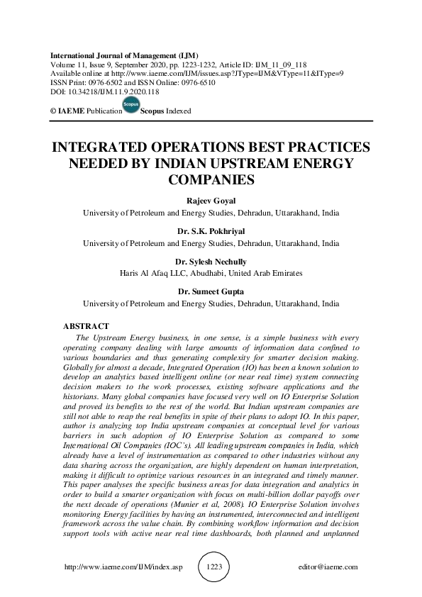 (PDF) INTEGRATED OPERATIONS BEST PRACTICES NEEDED BY INDIAN UPSTREAM ...