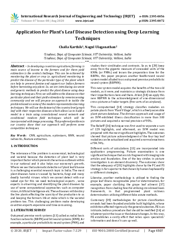 Pdf Irjet Application For Plants Leaf Disease Detection Using Deep