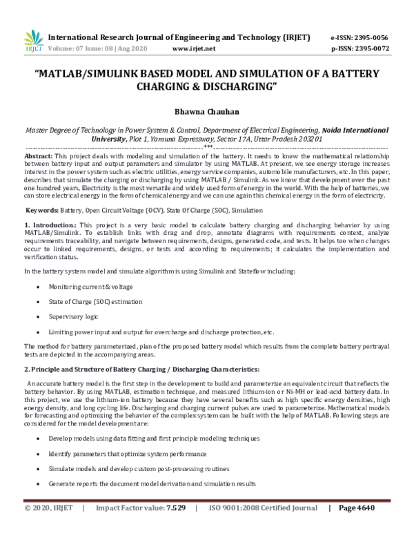 (PDF) IRJET- "MATLAB/SIMULINK BASED MODEL AND SIMULATION OF A BATTERY CHARGING & DISCHARGING"