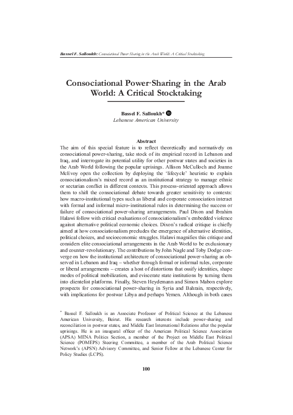 (PDF) Consociational Power-Sharing in the Arab World: A Critical ...