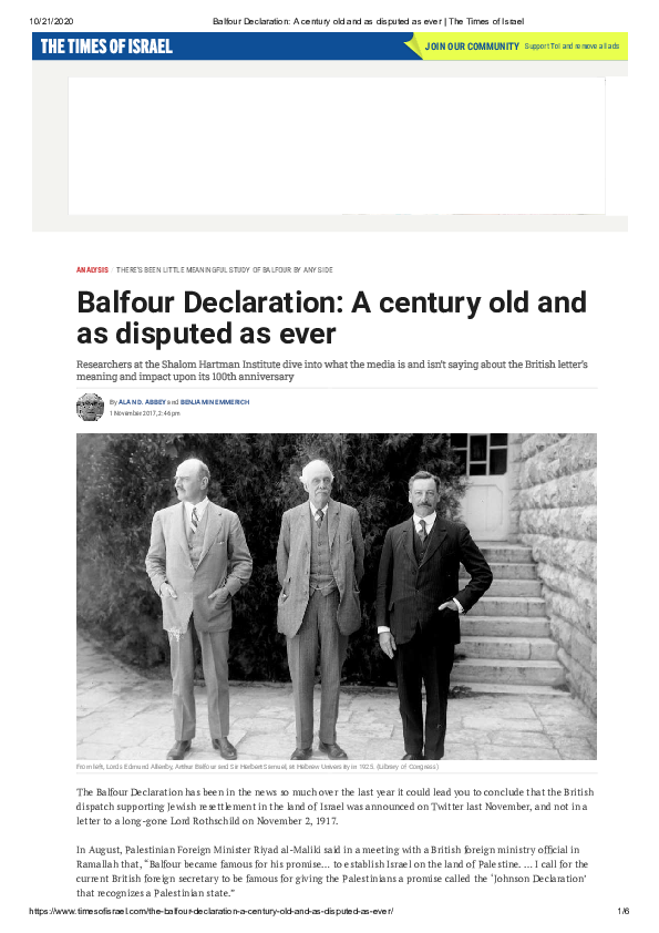 (PDF) The Balfour Declaration-A century old and as disputed as ever