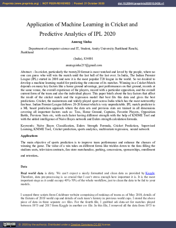 (PDF) Application of Machine Learning in Cricket and Predictive ...