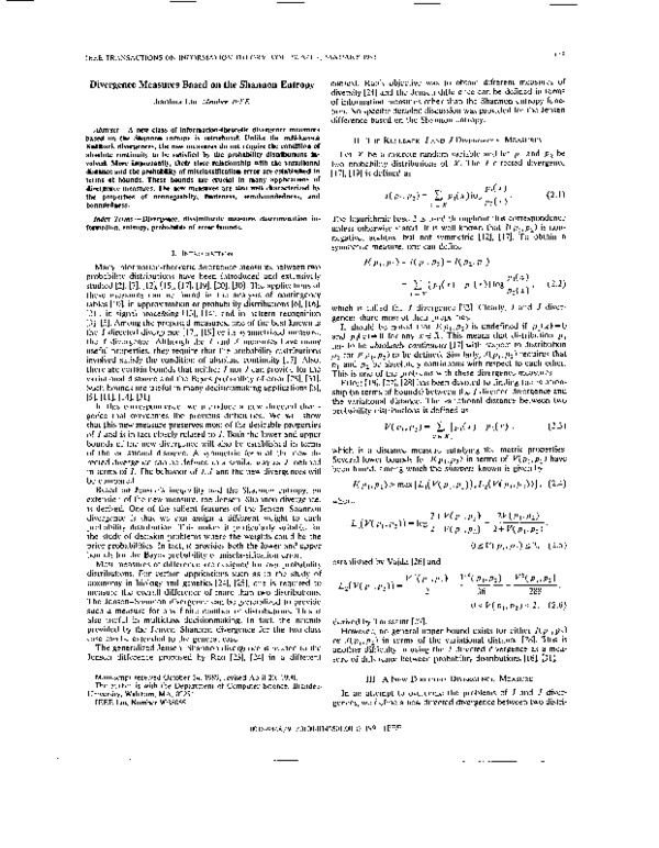 (PDF) Divergence Measures Based on the Shannon Entropy