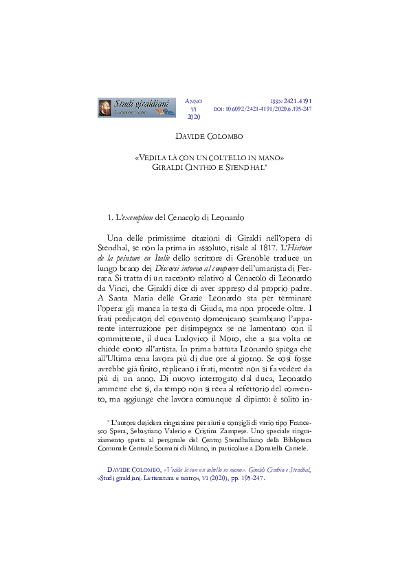 (PDF) «Vedila là con un coltello in mano». Giraldi Cinthio e Stendhal
