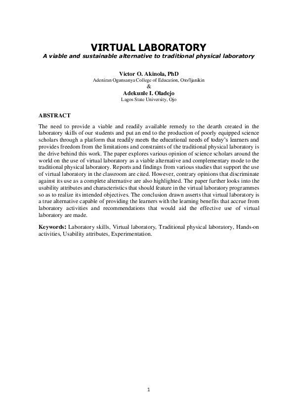 (PDF) VIRTUAL LABORATORY - A viable and sustainable alternative to ...
