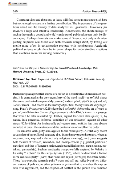 (PDF) Review (2,000 words) of Russell Muirhead, "The Promise of Party ...