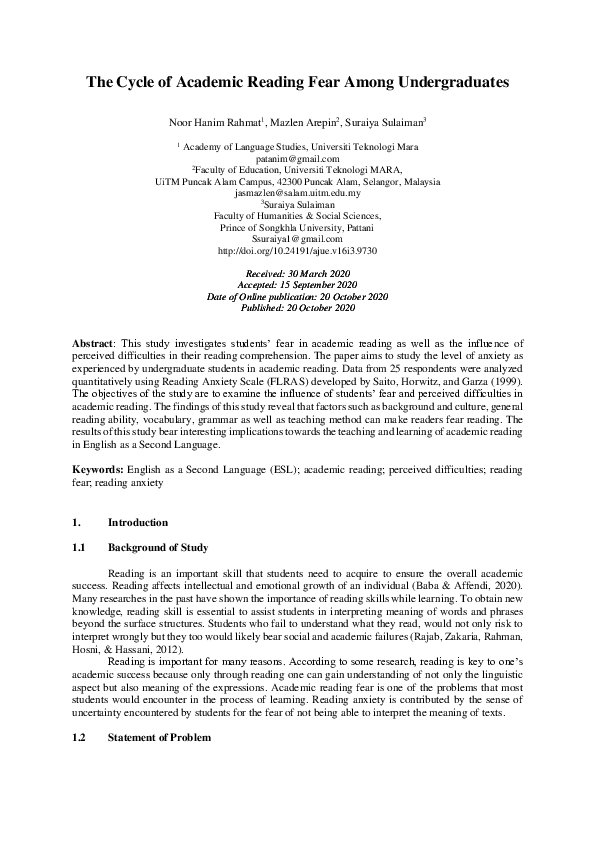 (PDF) The Cycle of Academic Reading Fear Among Undergraduates
