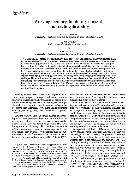 (PDF) Working memory, inhibitory control, and reading disability
