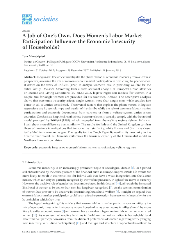 (PDF) A Job of One's Own. Does Women's Labor Market Participation ...
