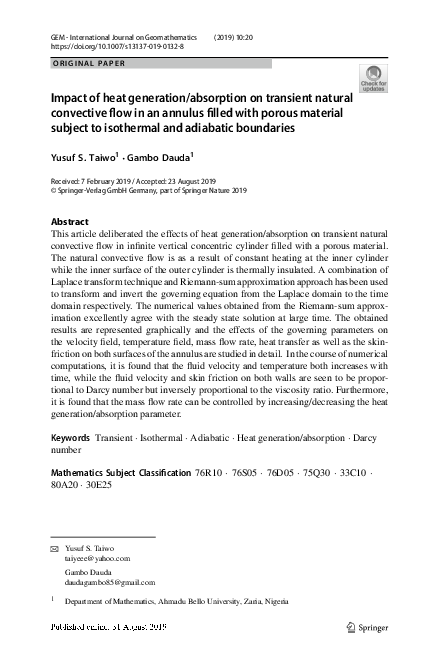 Pdf Impact Of Heat Generation Absorption On Transient Natural Convective Flow In An Annulus