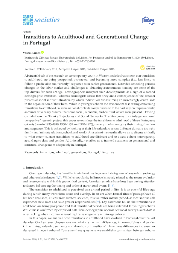 (PDF) Transitions to Adulthood and Generational Change in Portugal