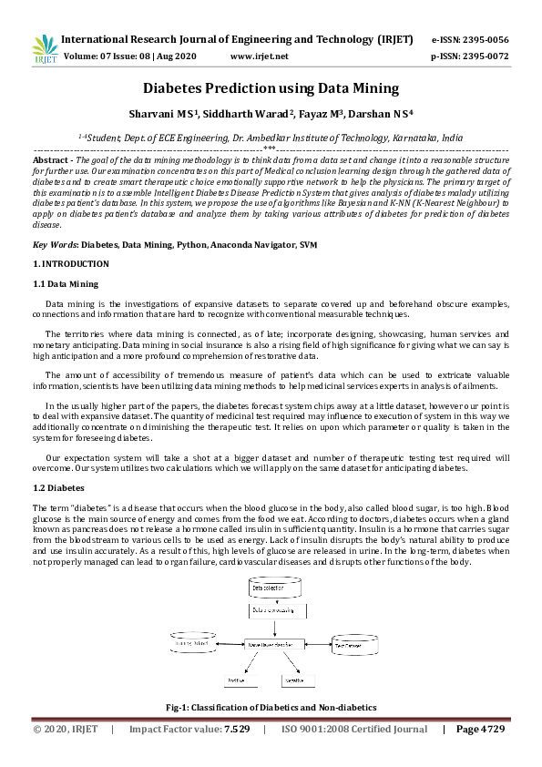 Pdf Irjet Diabetes Prediction Using Data Mining