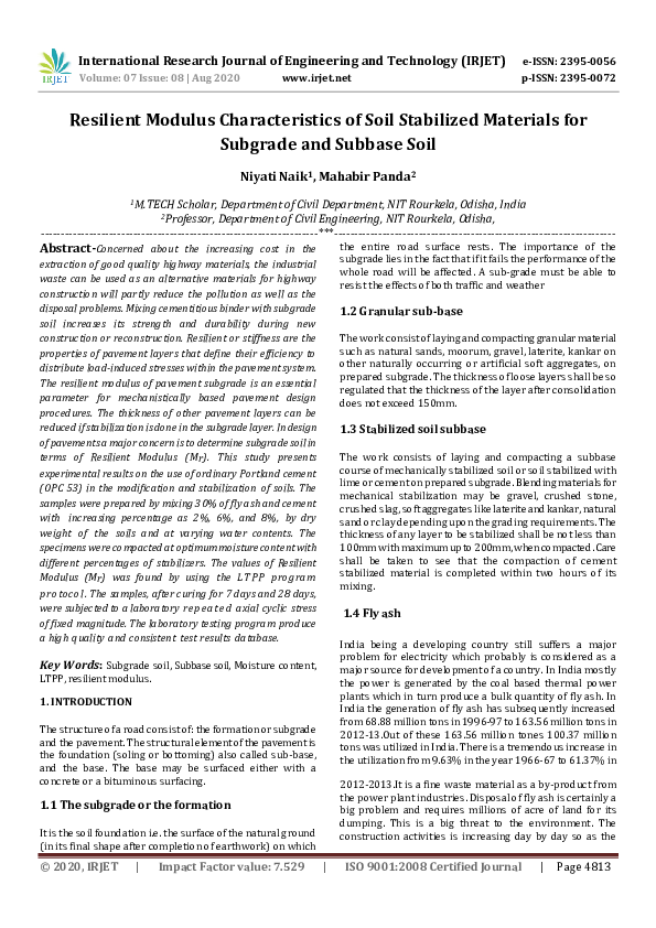 (PDF) IRJET- Resilient Modulus Characteristics of Soil Stabilized Materials for Subgrade and ...
