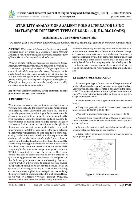 (PDF) IRJET-Stability Analysis of a Salient Pole Alternator using ...