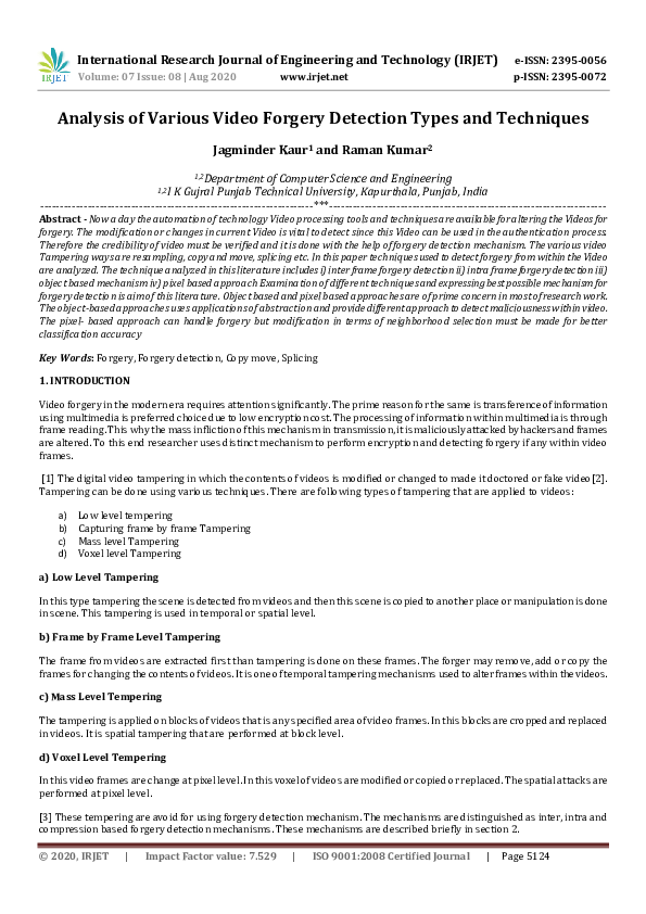 Pdf Irjet Analysis Of Various Video Forgery Detection Types And Techniques