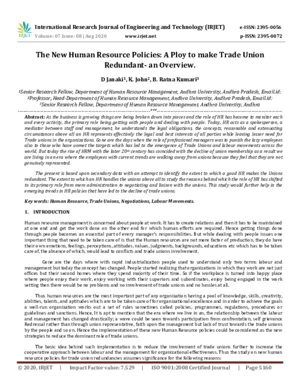 (PDF) The New Human Resource Policies: A Ploy to make Trade Union ...