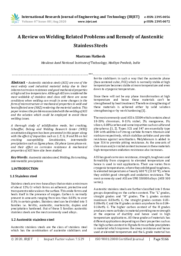 (PDF) IRJET- A Review on Welding Related Problems and Remedy of Austenitic Stainless Steels