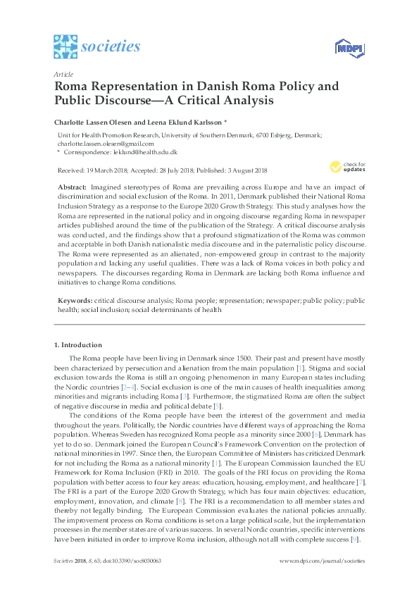 (PDF) Roma Representation in Danish Roma Policy and Public Discourse-A Critical Analysis ...