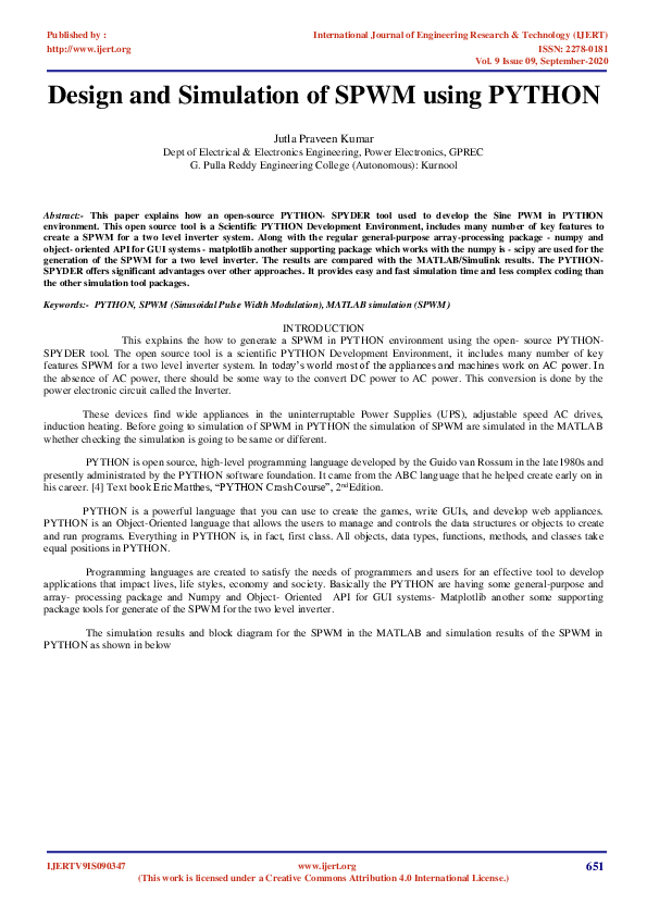 Pdf Ijert Design And Simulation Of Spwm Using Python Ijert Journal