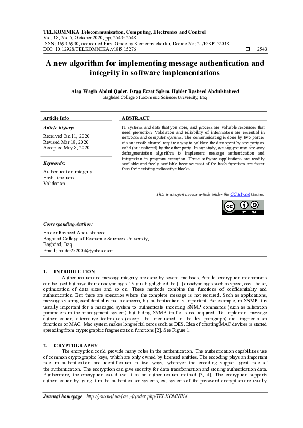 Pdf A New Algorithm For Implementing Message Authentication And