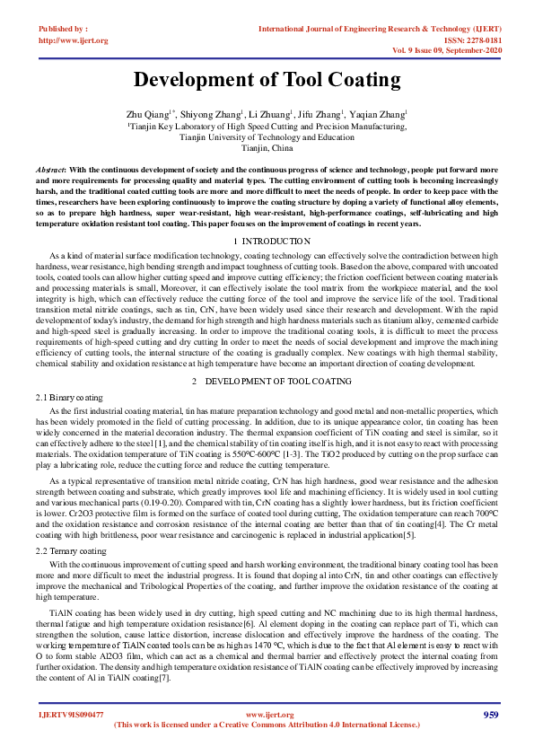 (PDF) IJERT-Development of Tool Coating | IJERT Journal - Academia.edu