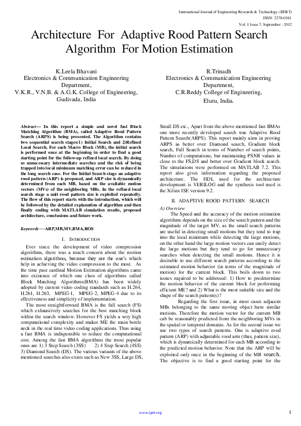 (PDF) IJERT-Architecture For Adaptive Rood Pattern Search Algorithm For ... (PDF) IJERT-Architecture For Adaptive Rood Pattern Search Algorithm For ...