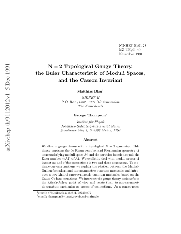 (PDF) N=2 topological gauge theory, the Euler characteristic of moduli spaces, and the Casson ...