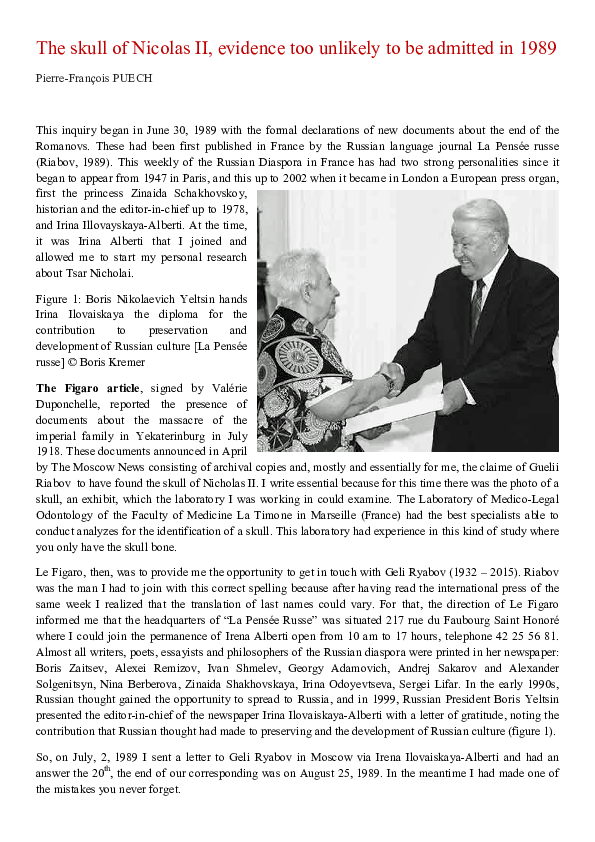 (PDF) The skull of Nicolas II, evidence too unlikely to be admitted in 1989