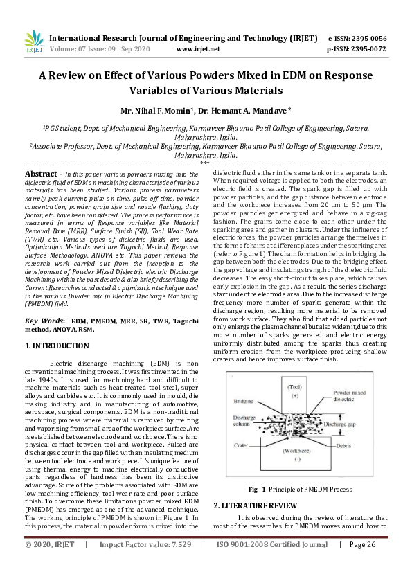 (PDF) IRJET- A Review on Effect of Various Powders Mixed in EDM on Response Variables of Various ...