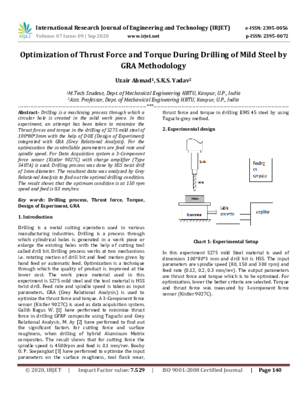 (PDF) IRJET- Optimization of Thrust Force and Torque During Drilling of Mild Steel by GRA ...