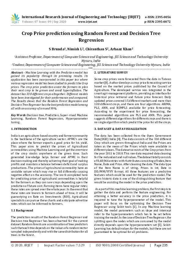 (PDF) IRJET- Crop Price prediction using Random Forest and Decision Tree Regression