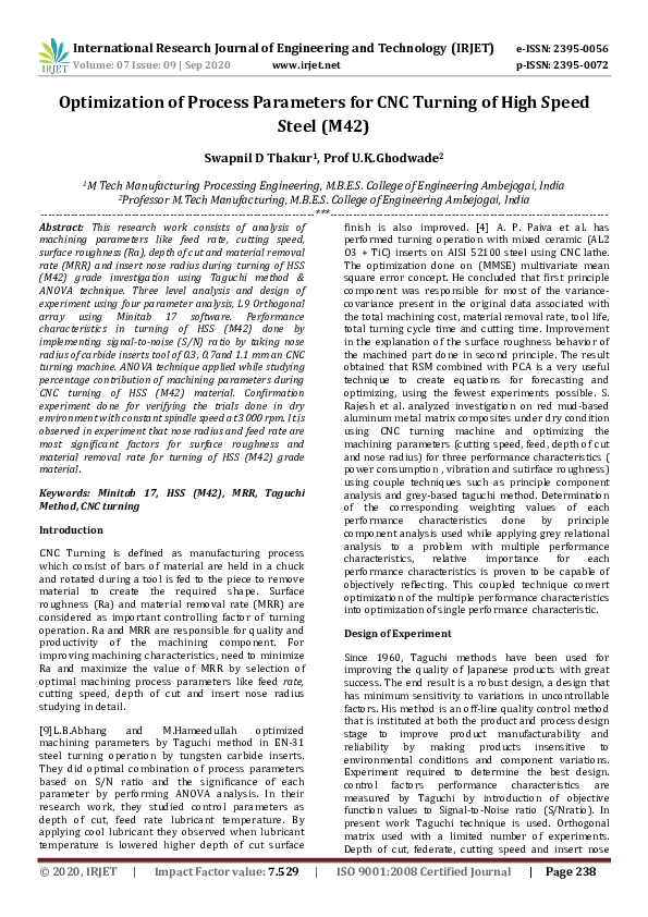 Pdf Irjet Optimization Of Process Parameters For Cnc Turning Of High